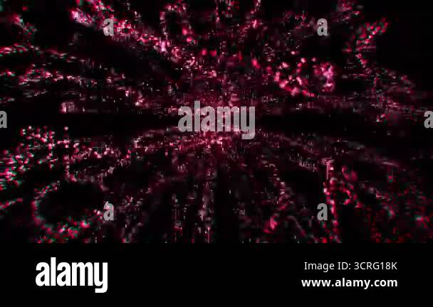 Glowing pink particles exploding and chaotically moving against black ...