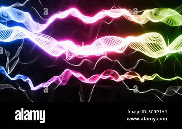 Colorful lines moving against black background. Thin RGB lines bending ...