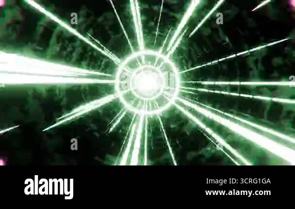Abstract sci-fi tunnel with moving and rotating neon rays and circles ...