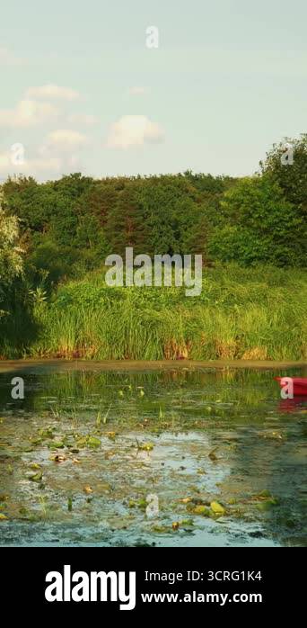Fitness sportive woman is floating in canoe on calm river in summer ...