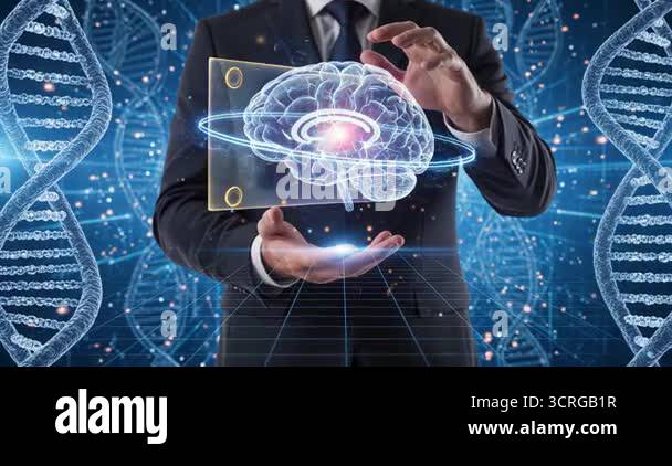 Businessman holding holographic brain with DNA helix background ...