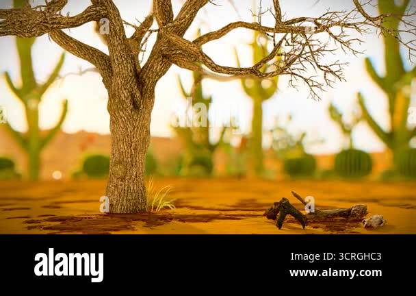 3D Animation close-up view of a dry, leafless tree on desert ground ...