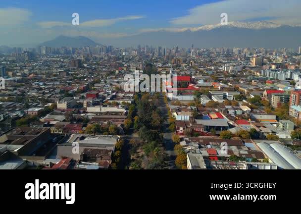 Aerial drone shot of Santiago Chile showing residential neighborhoods ...