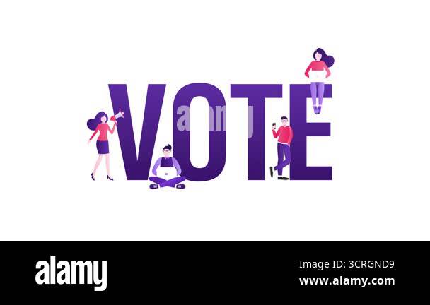 Animated citizens interacting with the word vote, promoting civic duty ...