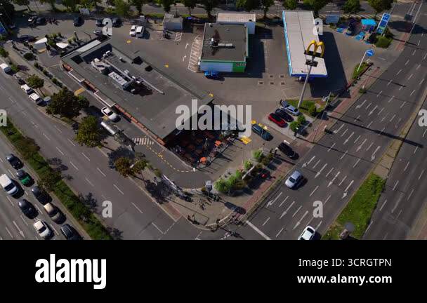 Aerial view of fast food restaurant, gas station shopping complex in ...