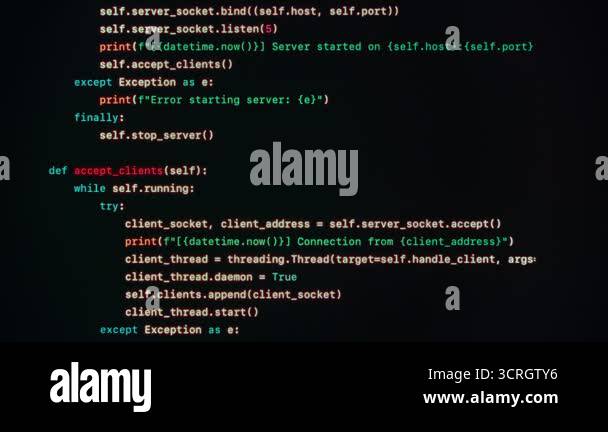 Computer screen with running lines of program code. Programming script in a terminal, used in ...