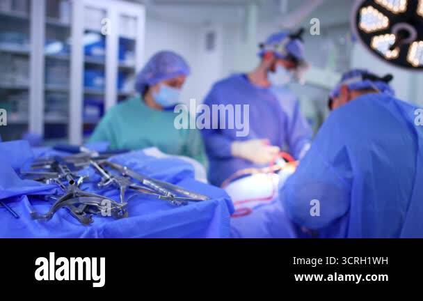 Surgical instruments prepared for neurosurgery. Close up of stainless ...