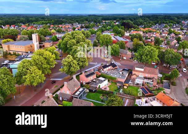 Aerial view of Dutch town with modern church and square. Dutch town ...