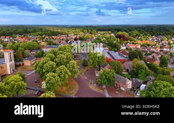 Dutch town aerial with central square and residential houses. Drone ...