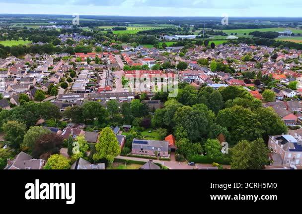 Drone view of Dutch town with red rooftops. Colorful aerial view of a ...