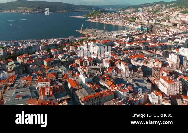 Aerial view of Vigo city center in Pontevedra, Galicia, Spain. Coastal ...