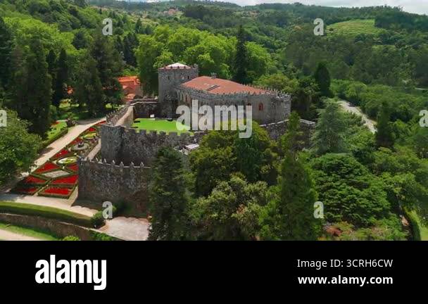 Aerial view of Soutomaior Castle in summer, a 12th-century medieval ...