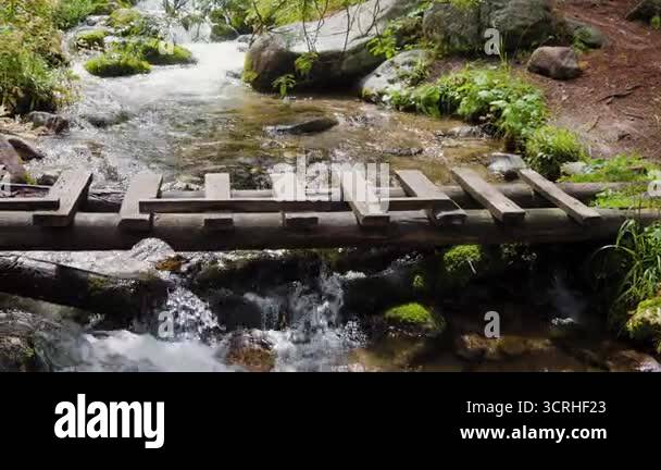 Wooden bridge across mountain river and stones. Water runs in slow ...