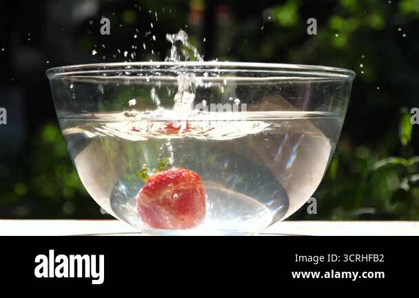 Water splashes around a floating strawberry in a clear bowl, capturing ...