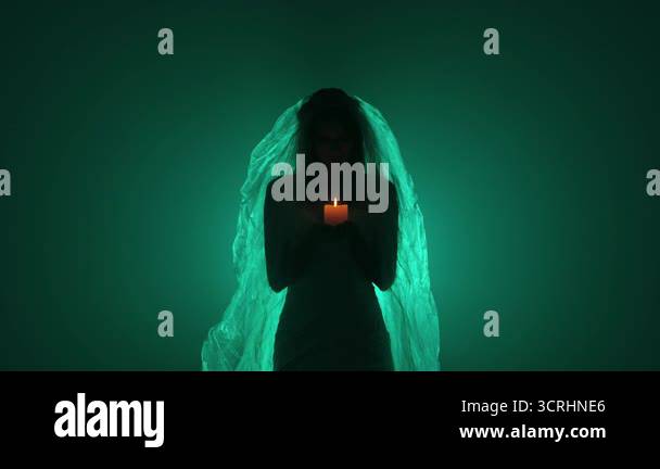 A dead bride covered with a transparent veil, illuminated by an ominous ...
