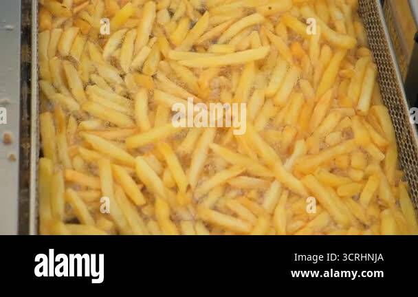 Crispy french fries cooking frying to golden perfection in a deep fryer ...