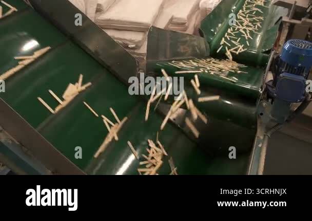 Conveyor belt moving lifting wooden ice cream sticks in woodwork ...