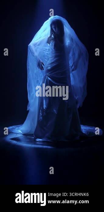 A dead bride, covered with a transparent veil, is illuminated by an ...