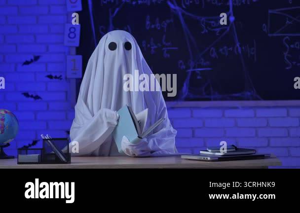 A person in a white ghost sheet sits near the blackboard and shakes a ...