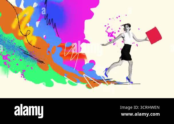Loop animation of surprised woman running with red bag with wave of ...