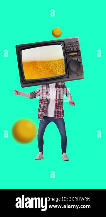 Trendy commercial. Person with retro TV head showing beer image dancing ...