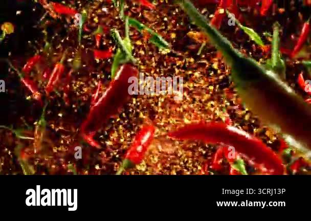 Super slow motion of flying and rotating mix chilli peppers. Filmed on ...