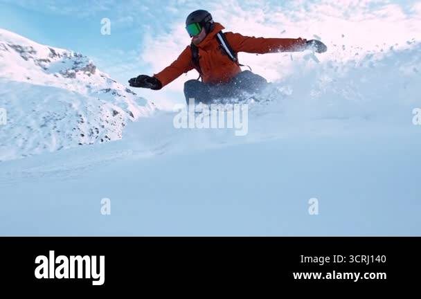 Off Piste Snowboarder Running Down. Super Slow Motion, 1000 fps ...