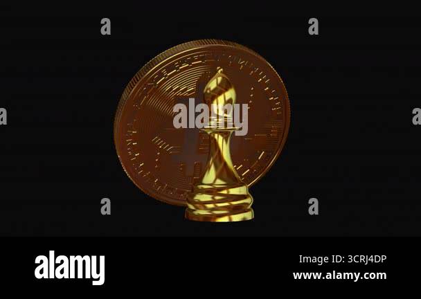 Golden Bishop Chess Piece and Bitcoin in Premium Elegant Rotation ...