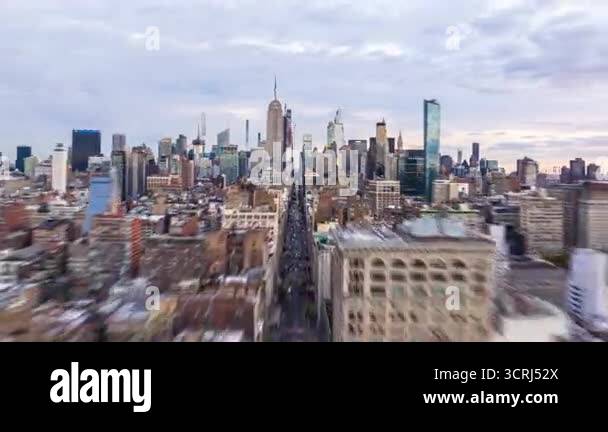 Aerial hyperlapse showing iconic skyline of Midtown Manhattan, New York ...