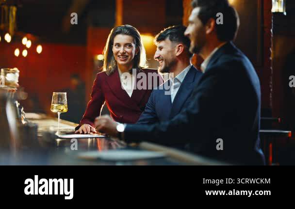 Partying people taking drinks bar counter closeup. Joyful business ...