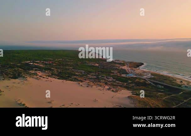 Aerial view evening marine landscape. Golden sunset light illuminating ...