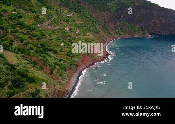 Green coastal slopes washed picturesque ocean water drone view ...