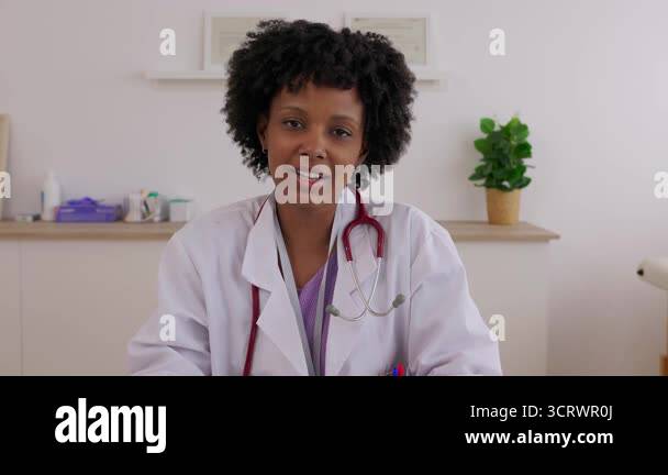 POV screen view of young African American female doctor communicating ...