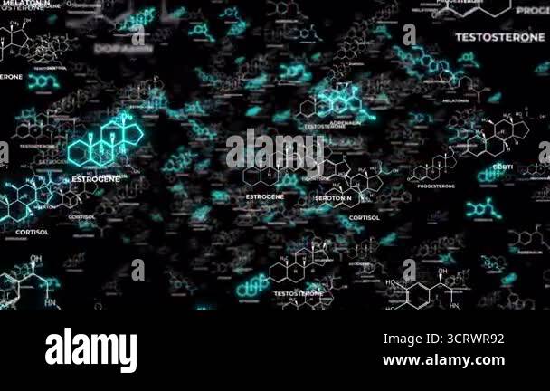 Abstract futuristic 3D animation of hormone molecule structures flying ...