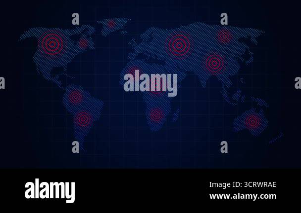 Digital world map with red dots and glowing circles indicating areas of ...