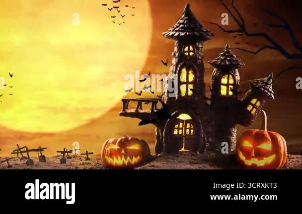 Spooky Halloween Night with Haunted House Jack O Lanterns and Full Moon ...