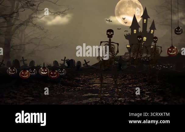 Spooky Halloween Night Animation with Castle, Skeletons, and Pumpkins ...