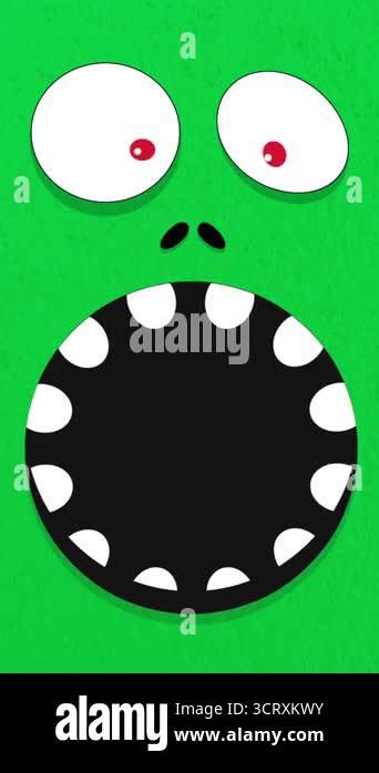 A cartoonish green monster face with wide eyes and a large open mouth ...
