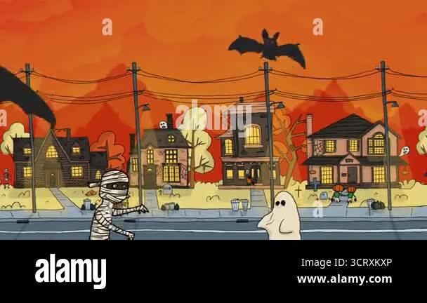 Halloween Night Scene with Mummy and Ghost in Spooky Town Stock Video ...