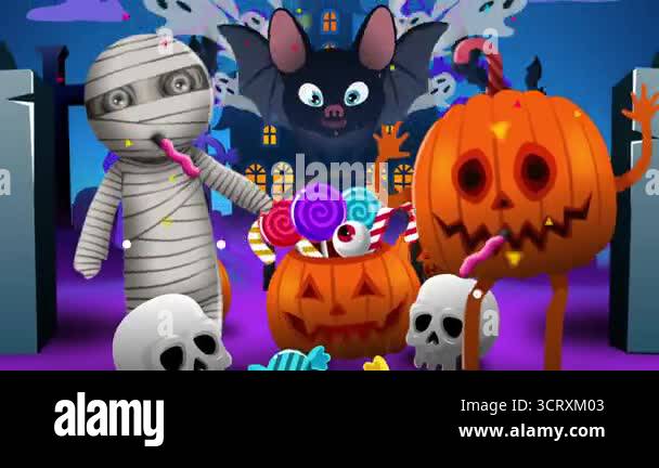 Animated Halloween scene featuring a mummy, bat, pumpkins, and skulls ...