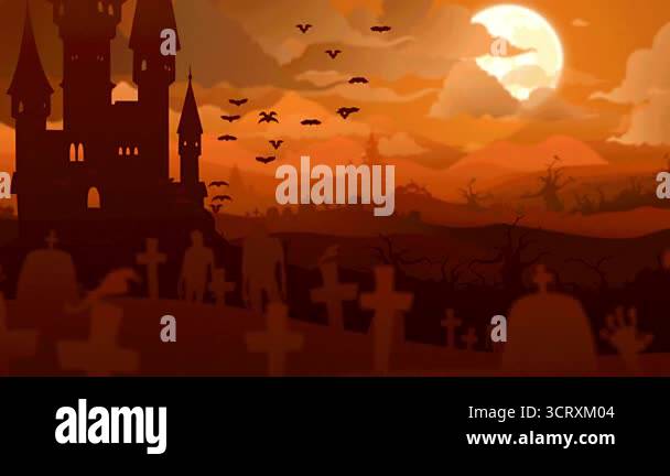 A spooky Halloween night scene featuring a haunted castle, a graveyard with tombstones, flying ...