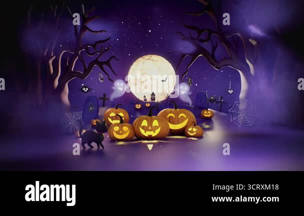 A spooky Halloween night scene featuring glowing pumpkins, ghostly ...