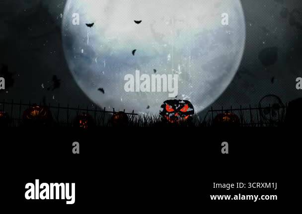 A spooky Halloween night scene featuring a large full moon, flying bats ...