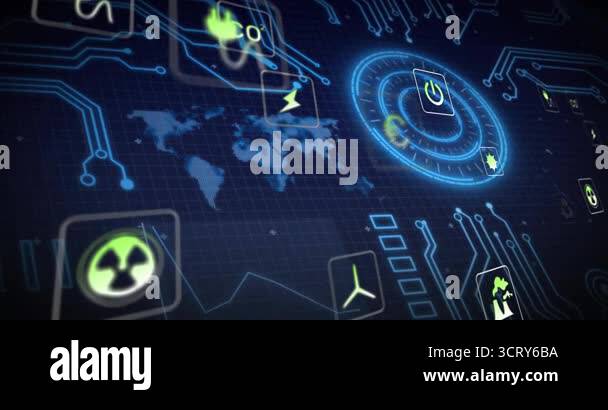 Animated interface starting on grid rotating power dial, emerging icons ...