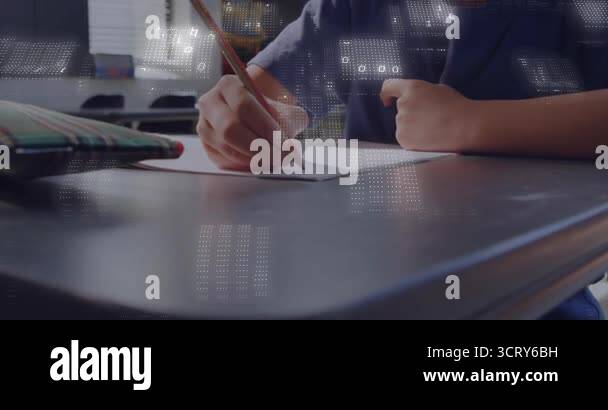 student placing pencil tip to paper and writing on desk, code overlay ...