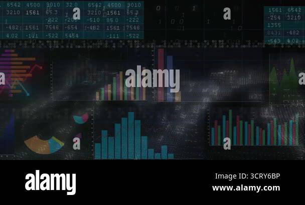 Opening interface showing binary digits animating over teal tables and pulsing charts for ...