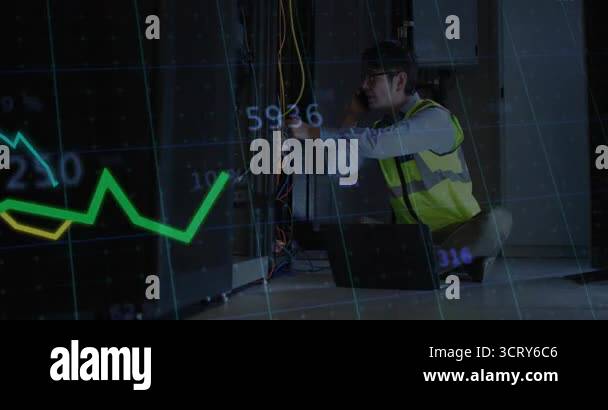Technician kneeling before rack inspecting wiring, showing tech ...