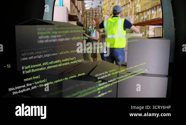 Warehouse team grabbing and stacking cartons for shipping as green code overlay mapping flow ...