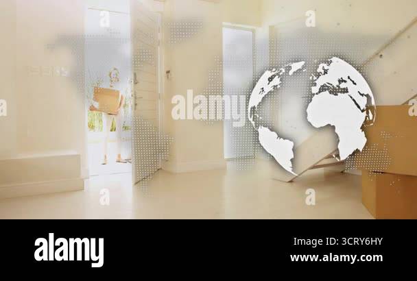 Family pushing door opening foyer, exploring new home while globe ...