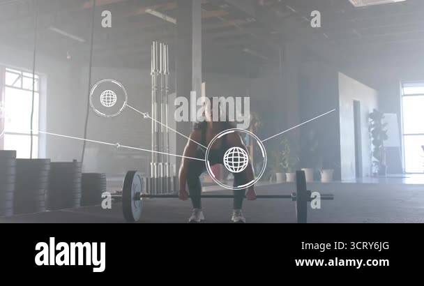 Fitness athlete gripping barbell doing deadlift to clean press with data graphs for analysis ...